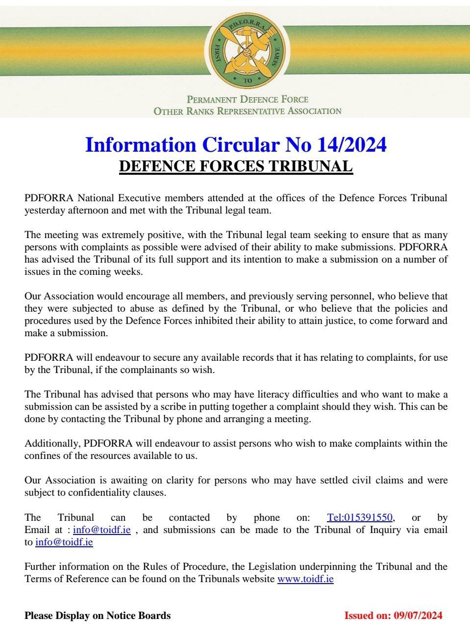 Information Circular No 14 of 2024- Defence Forces Tribunal of Inquiry
