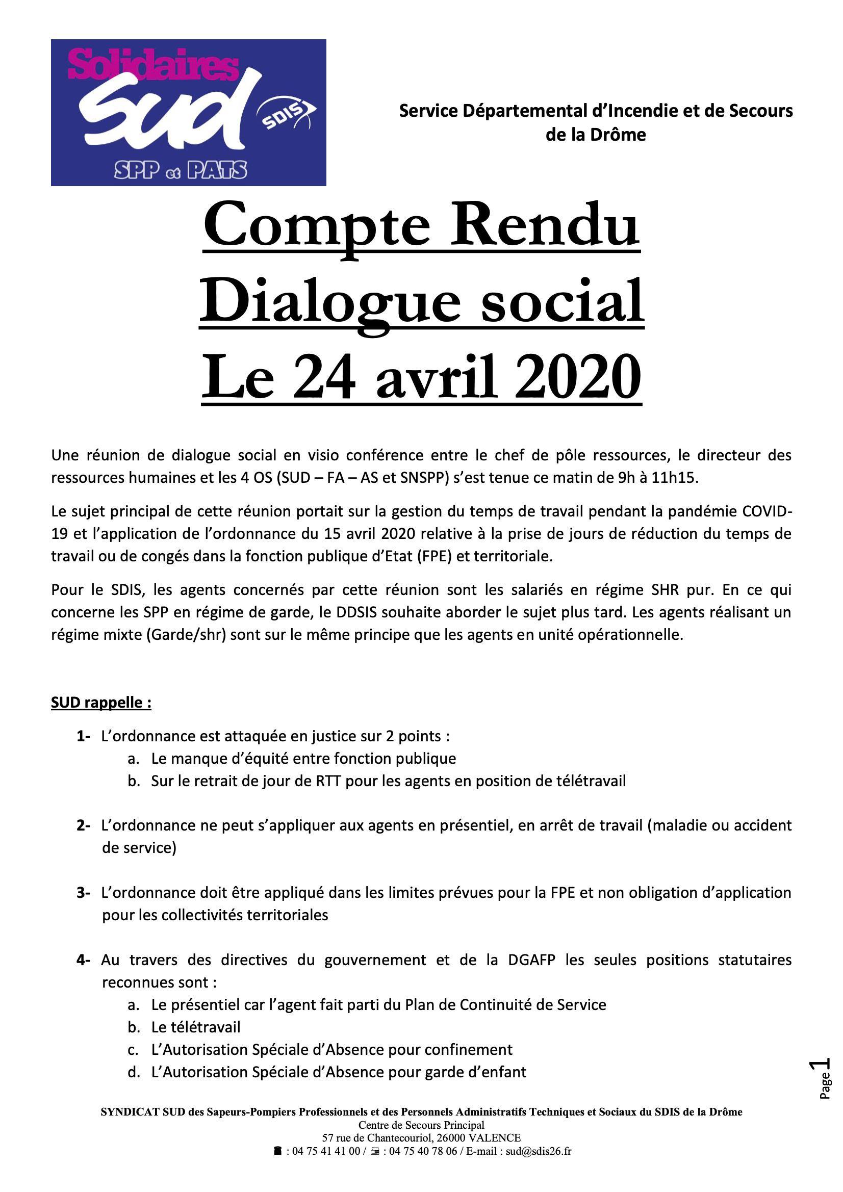 Compte rendu dialogue social le 24 avril 2020 Compte rendu dialogue social le 24 avril 2020