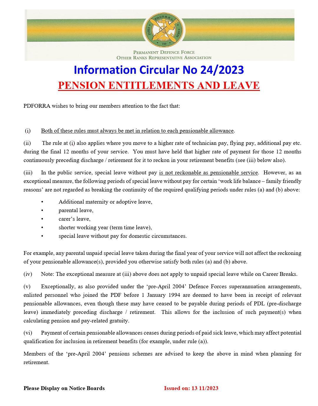 Information Circular No 24 of 23 - Pension Entitlements & Leave