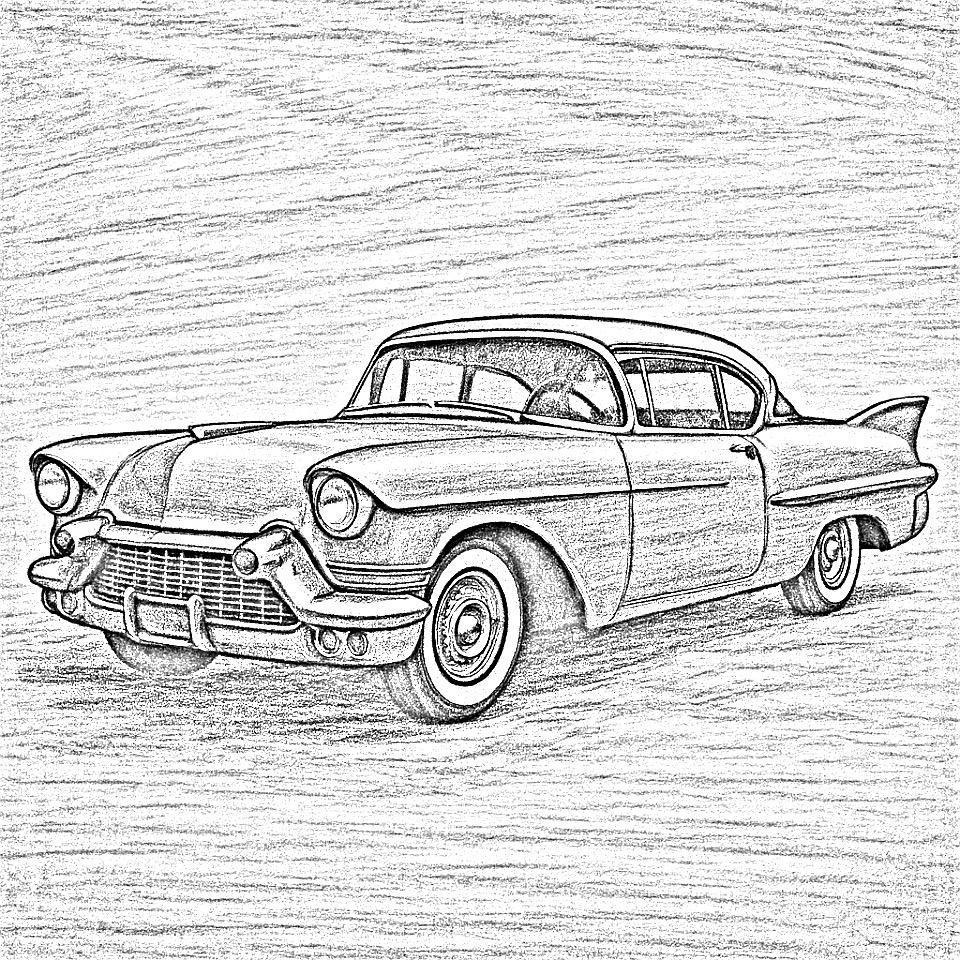 Classic car pyrography pattern – grayscale outline